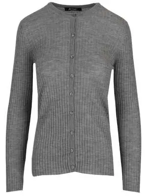 LA ROSE Cashmere Silk Ribbed Round Neck Cardigan - Grigio