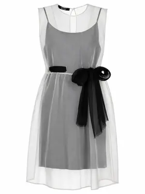 LA ROSE Sheer Overlay Dress With Black Bow Detail - Bianco