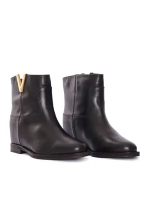 VIA ROMA 15 Black Leather Ankle Boots With Gold Tone V Detail