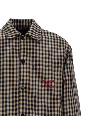 DR�LE DE MONSIEUR Drôle De Monsieur Beige Check Overshirt With Slogan Print