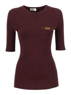 Elisabetta Franchi Ribbed Knit Top With Chest Pocket - Red