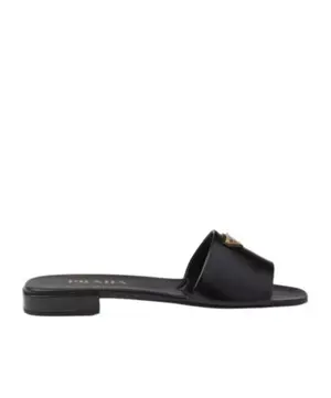 Prada Logo Plaque Open Toe Slides - Black