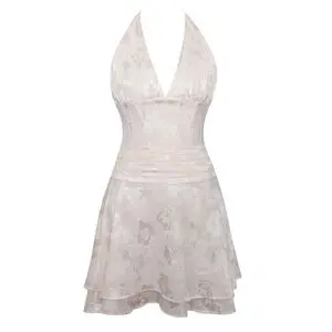 MISS CIRCLE NEW YORK White / Red Quintana Jacquard Textured Slit Halter Mini Dress - White/red