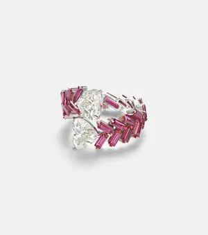 KAMYEN 18kt White Gold Ring With Baguette-cut Rubies And Heart-shaped Diamonds - Silver