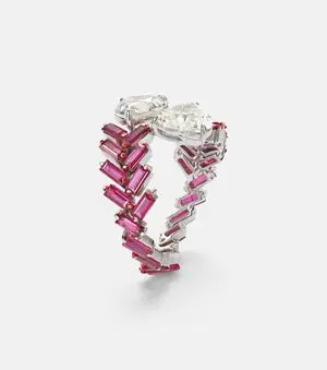 KAMYEN 18kt White Gold Ring With Baguette-cut Rubies And Heart-shaped Diamonds
