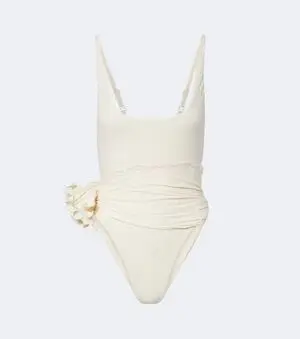Magda Butrym Embroidered Floral-appliqué Draped Swimsuit - White