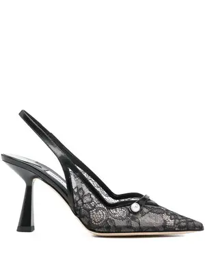 JIMMY CHOO Amita Patent Leather Pumps With Lace Appliqué And Pearl Detail