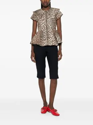GANNI Brown Leopard Print Ruffle Trim Peplum Shirt - Multi
