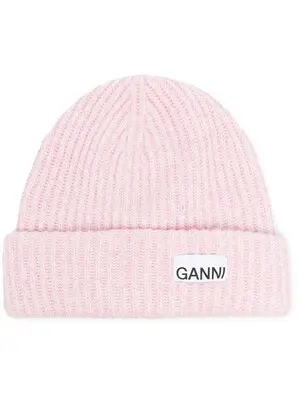 GANNI Ribbed Knit Beanie With Logo Patch - Pink