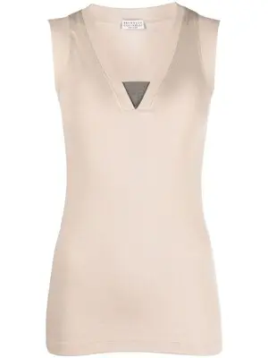 Brunello Cucinelli Sleeveless V-neck Top With Monili Detail - Beige