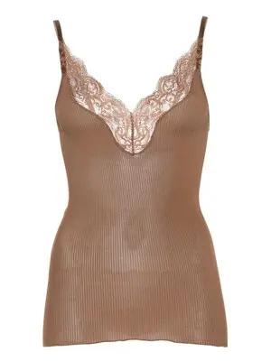 Saint Laurent Lace Trimmed Ribbed Knit V-neck Top
