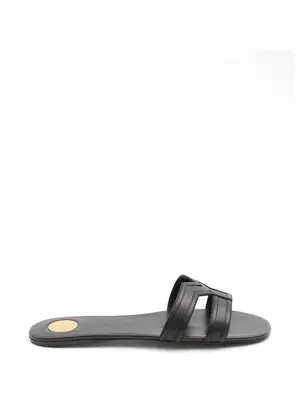 Saint Laurent Mabrouka Leather Flat Sandals With Gold Buckle - Black