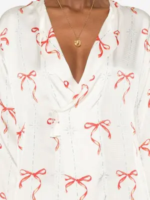 FORTE_FORTE Printed Long Sleeve V-neck Shirt With Tassel Detail