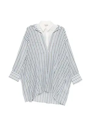 SEMICOUTURE Graciana Striped Cotton Shirt With V-neck And Asymmetric Hem