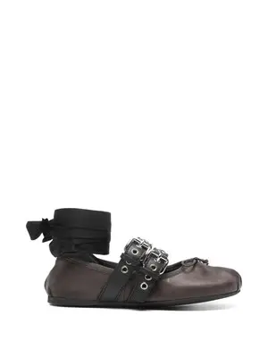 Miu Miu Leather Ballet Flats With Buckled Straps And Ribbon Detail