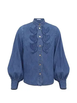 Zimmermann Denim Cotton Shirt With Mandarin Collar And Embroidered Detailing