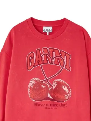 GANNI Organic Cotton Cherry Print Crew Neck Sweater