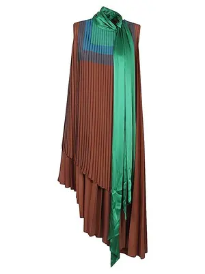 Loewe Asymmetrical Pleated Dress With Check Inlays - Beige