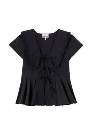 GANNI Organic Cotton Ruffled Collar Top - Black