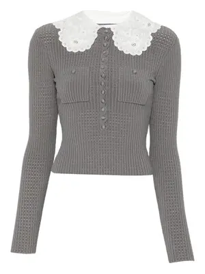 SELF-PORTRAIT Ribbed Knit Sweater With Lace Collar And Button Detail