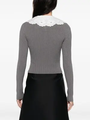 SELF-PORTRAIT Ribbed Knit Sweater With Lace Collar And Button Detail