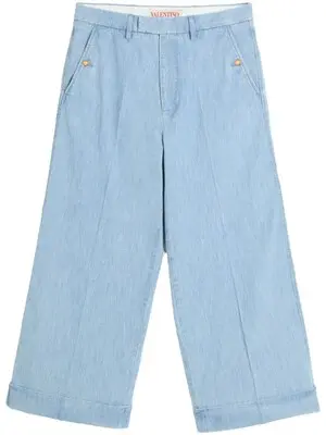 Valentino Garavani Light Wash Cotton Cuffed Wide Leg Jeans