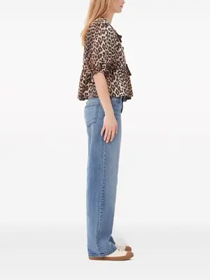 GANNI Leopard Print Organic Cotton Peplum Top With Front Tie - Multi