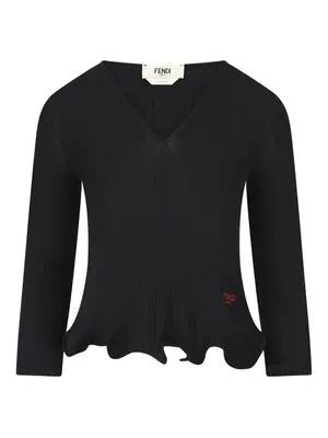Fendi Wool V-neck Sweater With Scalloped Hem