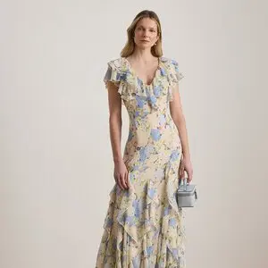 Ralph Lauren Floral Ruffle-trim Georgette Gown - Blue Multi