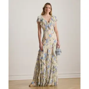 Ralph Lauren Floral Ruffle-trim Georgette Gown