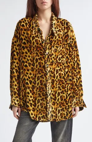 R13 Leopard Print Drop Neck Velvet Button-up Shirt