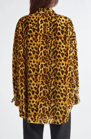 R13 Leopard Print Drop Neck Velvet Button-up Shirt