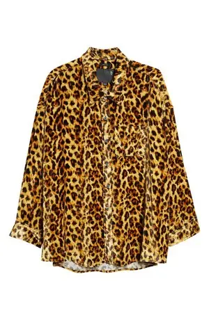 R13 Leopard Print Drop Neck Velvet Button-up Shirt