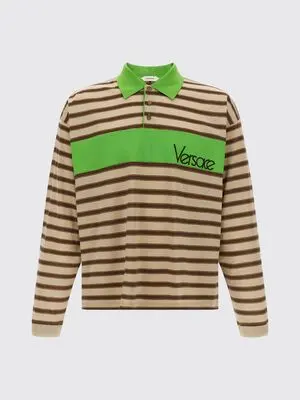 Versace Striped Long-sleeve Polo In Cotton With Ribbed Collar - Multicolor
