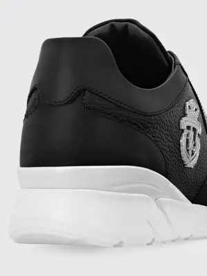 BILLIONAIRE Crest Runner Sneakers In Smooth And Grained Leather With Metallic Logo - White 1