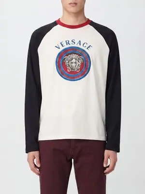 Versace Long-sleeved Cotton T-shirt With Medusa Logo And Contrast Trims - White