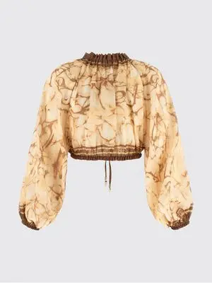 Zimmermann Cropped Abstract-print Ramie Blouse With Ruffled High Neck
