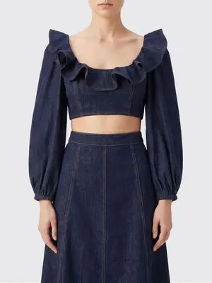Zimmermann Cropped Long-sleeve Cotton Denim Top With Ruffles - Blue