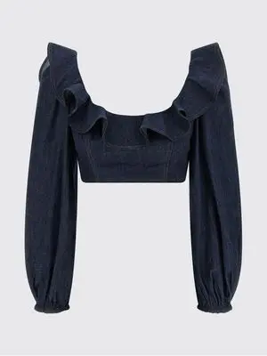 Zimmermann Cropped Long-sleeve Cotton Denim Top With Ruffles