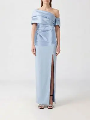 Solace London Asymmetric Off-the-shoulder Satin Sheath Long Evening Gown - Blue