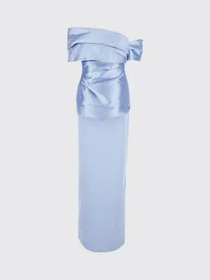 Solace London Asymmetric Off-the-shoulder Satin Sheath Long Evening Gown