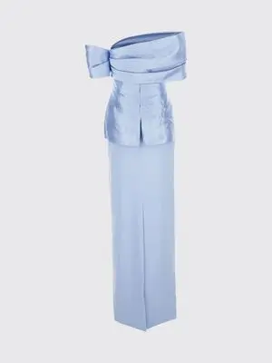 Solace London Asymmetric Off-the-shoulder Satin Sheath Long Evening Gown