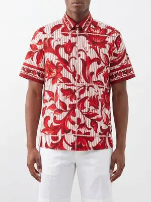 Dolce & Gabbana Bowling Shirt In Cotton With Striped Majolica Print - Red