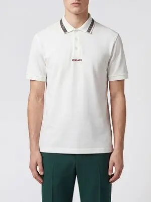 Versace Greca Pattern Cotton Polo Shirt With Contrast Embroidered Logo - White