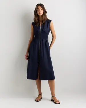 Quince Poplin Zip-front Midi Dress - Navy
