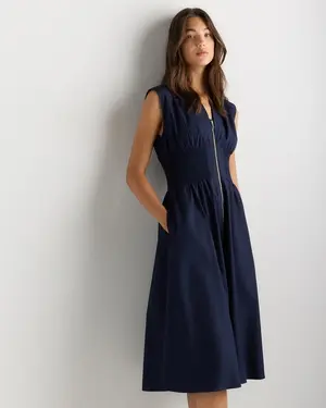 Quince Poplin Zip-front Midi Dress - Navy
