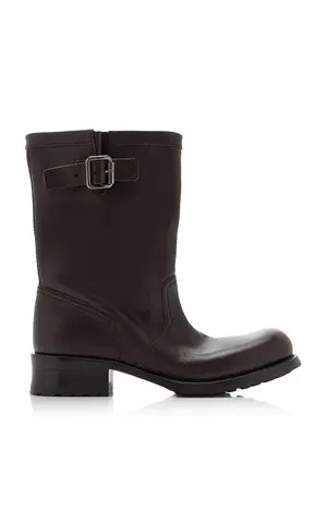 Prada Leather Mid-calf Boots With Buckle Detail - Brown