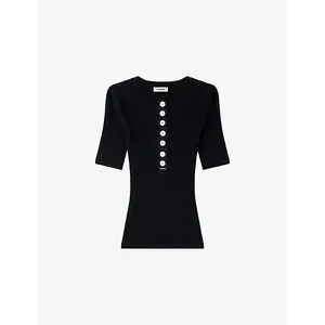 Sandro Button-placket Short-sleeve Ribbed Jumper - Black