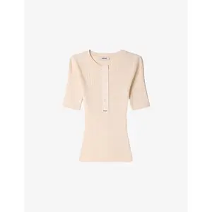 Sandro Button-placket Short-sleeve Ribbed Jumper - Ecru