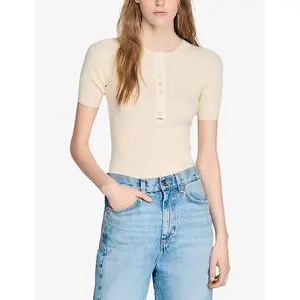Sandro Button-placket Short-sleeve Ribbed Jumper - Ecru